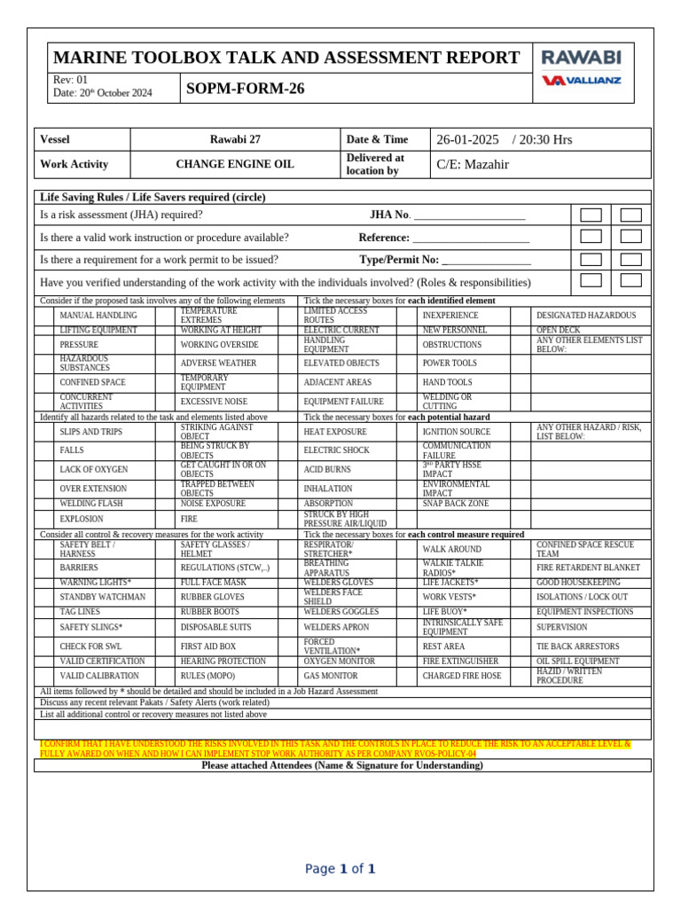 SOPM-FORM-26 Daily Toolbox Form Rev 01 | PDF | Welding | Construction