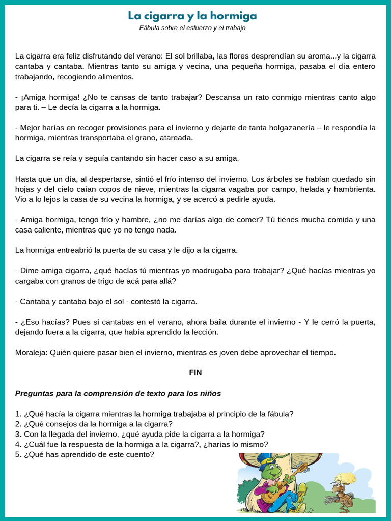 La cigarra y la hormiga: fábula educativa | PDF