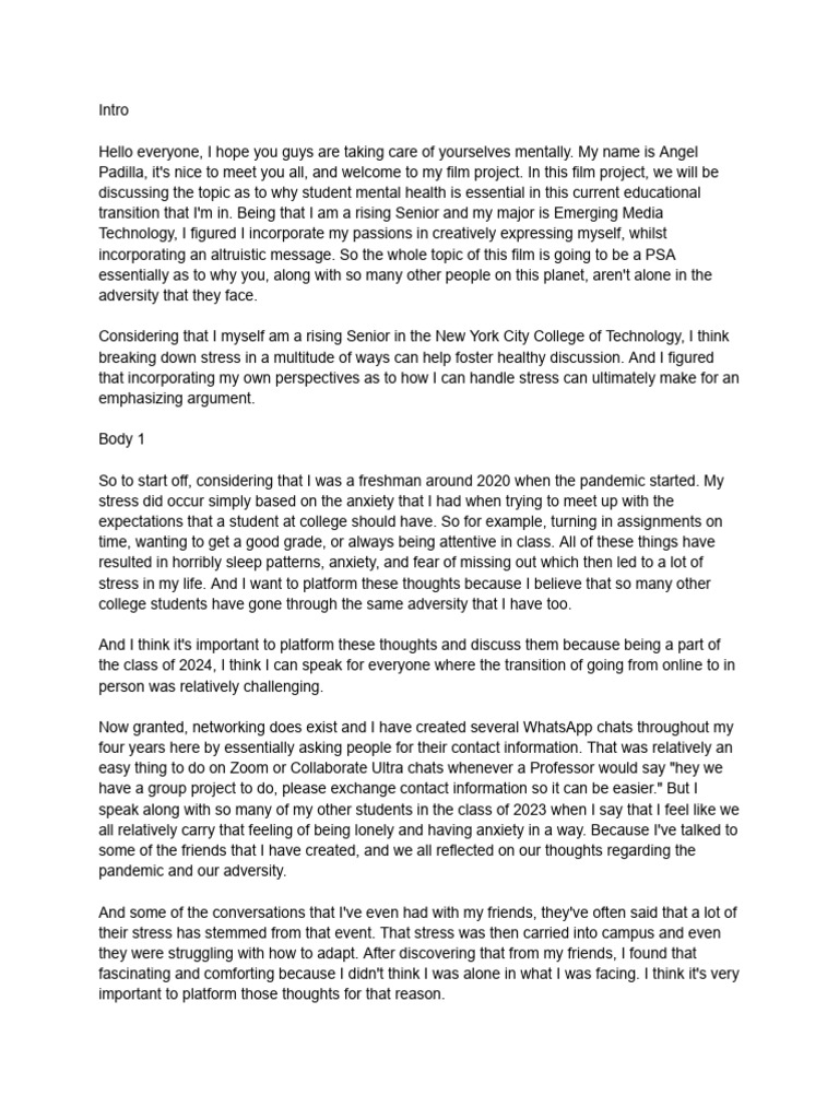 Angel Padilla - Script For Student Mental Health Film Project 1 | PDF ...