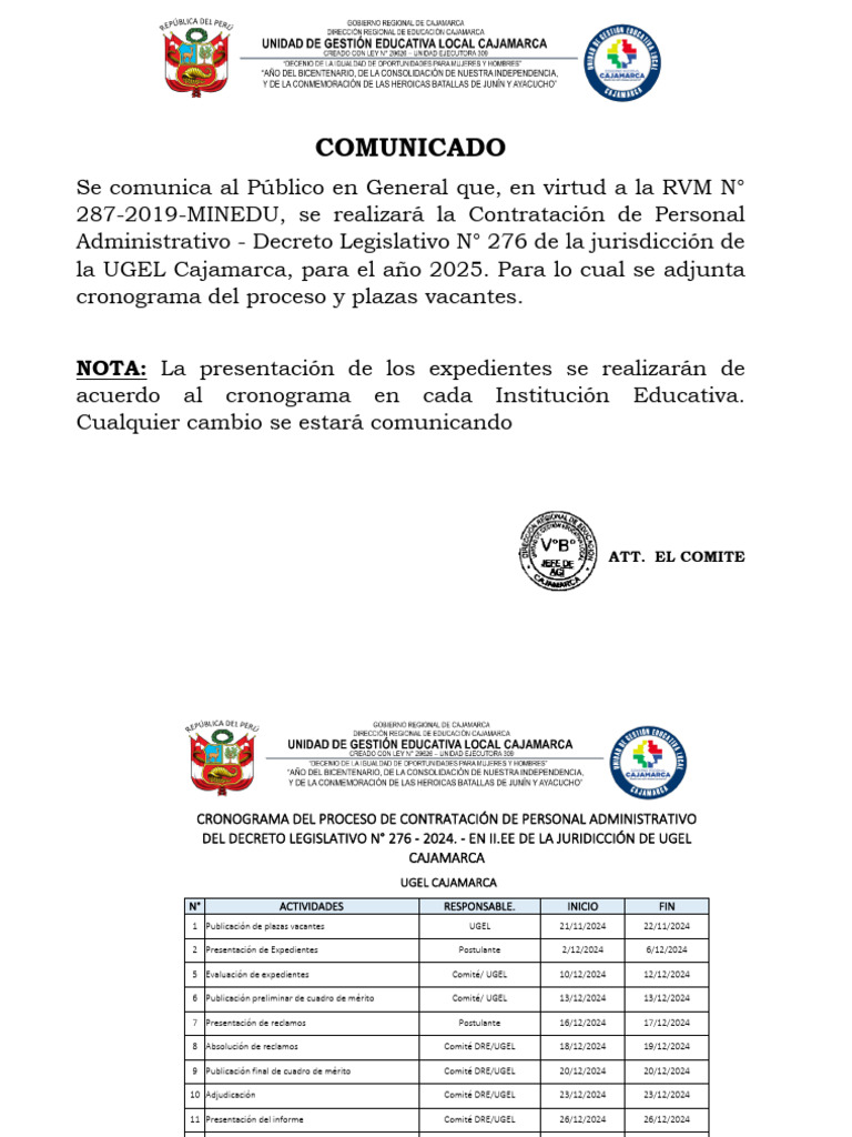 COMUNICADO Contratación Personal Adm 276 Cada IE 2025 Comp. | PDF | Asociación de clubes de fútbol