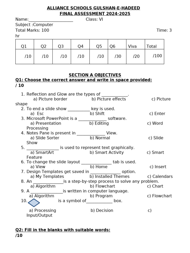 Class 6 Computer Final Assessment 2024-2025 | PDF | Computing