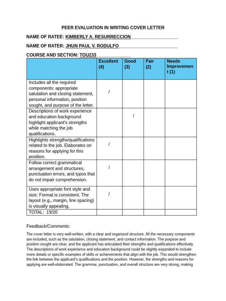 Peer Evaluation of Cover Letter | PDF