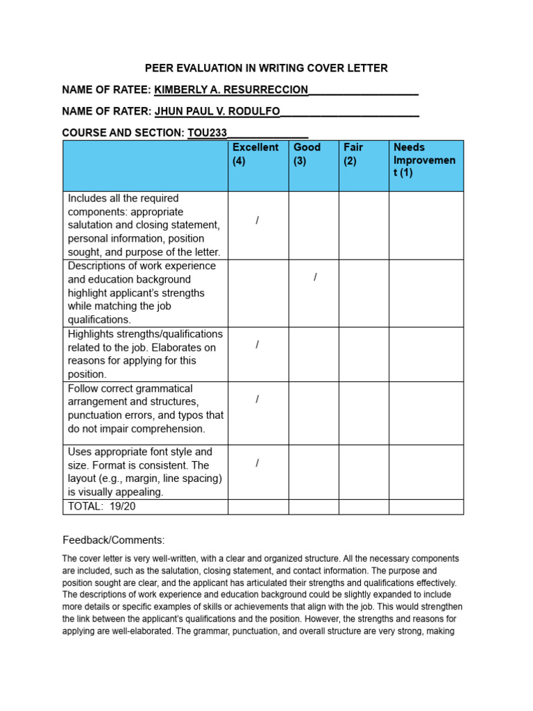 Peer Evaluation in Writing Cover Letter-1 | PDF