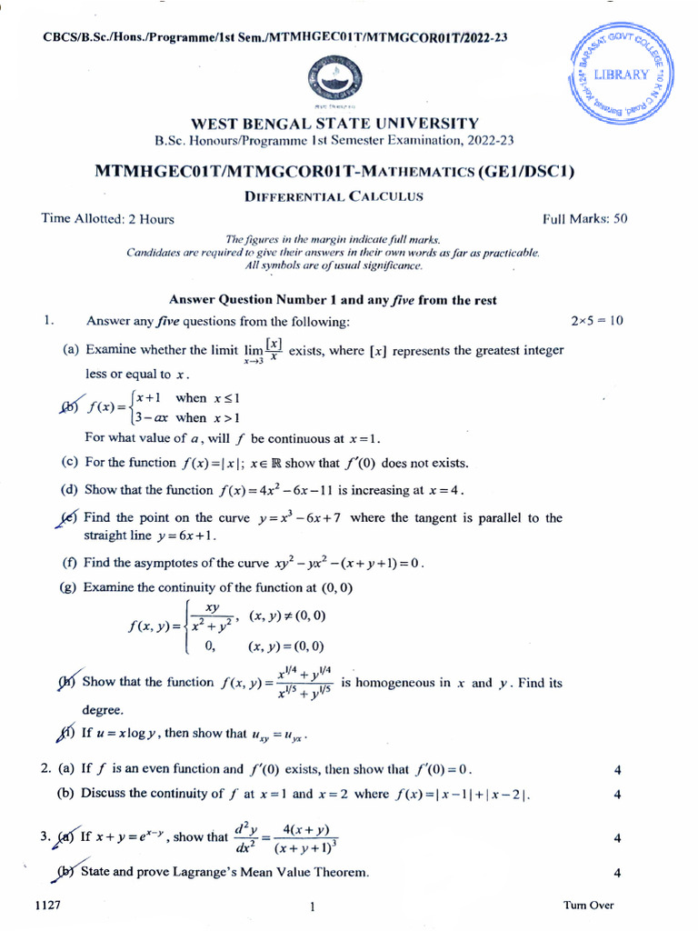 Mathematics (Gen) Question (WBSU) - SEM1 - MTMG - 2018-23 - Library | PDF | Function ...