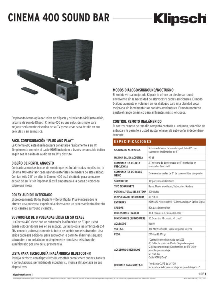 Cinema-400 Soundbar Spec-Sheet V02-Esp | PDF | Altoparlante ...