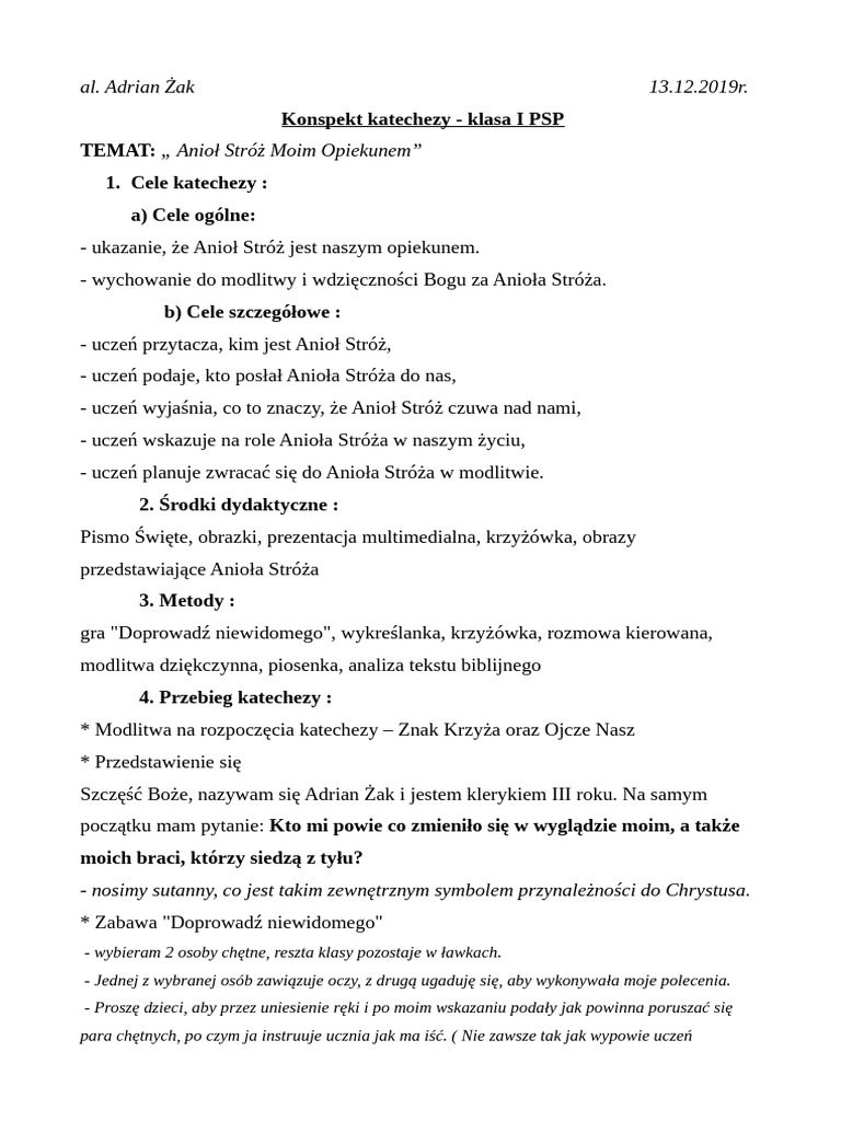 Poprawiony Konspekt Katechezy o Aniele Bożym | PDF