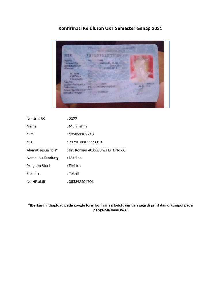 Konfirmasi Kelulusan UKT Semester Genap 2021 | PDF