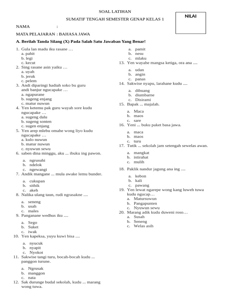 Soal STS Genap Bahasa Jawa Kelas 1 | PDF