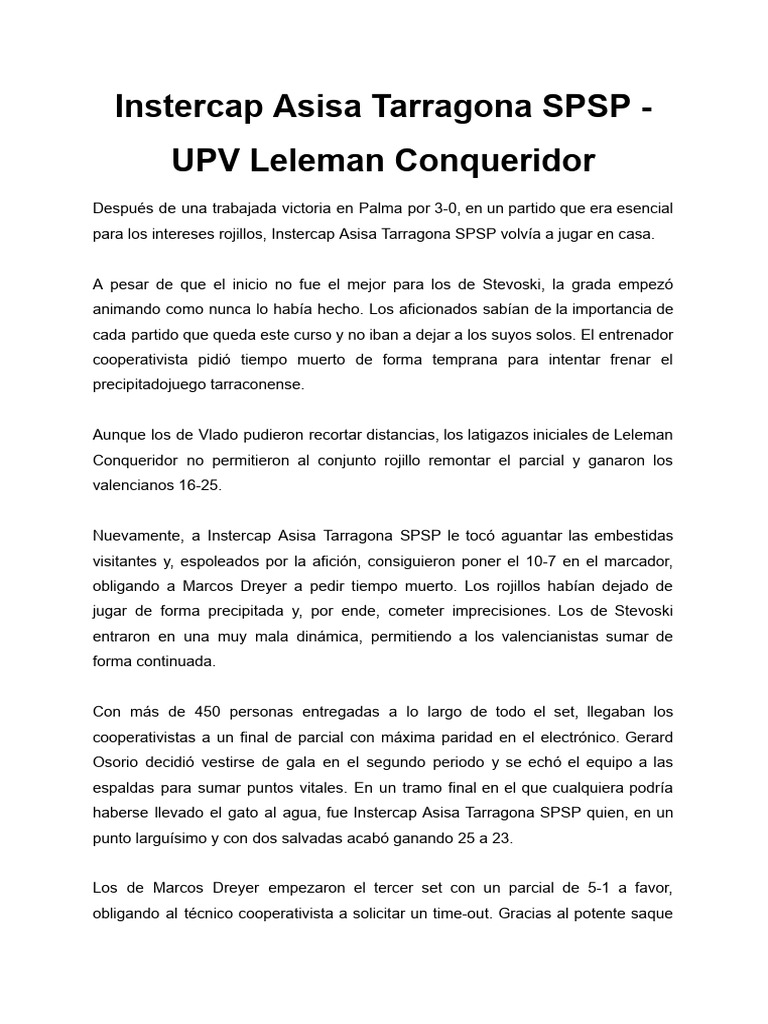 Crónica Instercap Asisa Tarragona SPSP - UPV Leleman Conqueridor | PDF