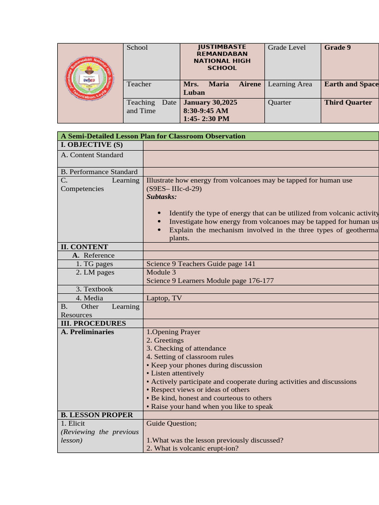 LESSON PLAN MJ Geothermal | PDF | Power Station | Steam