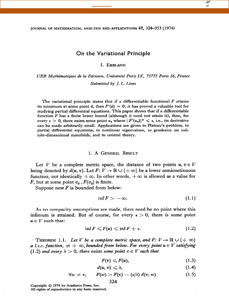On the variational principle - Ekeland | PDF | Algebra | Differential Geometry