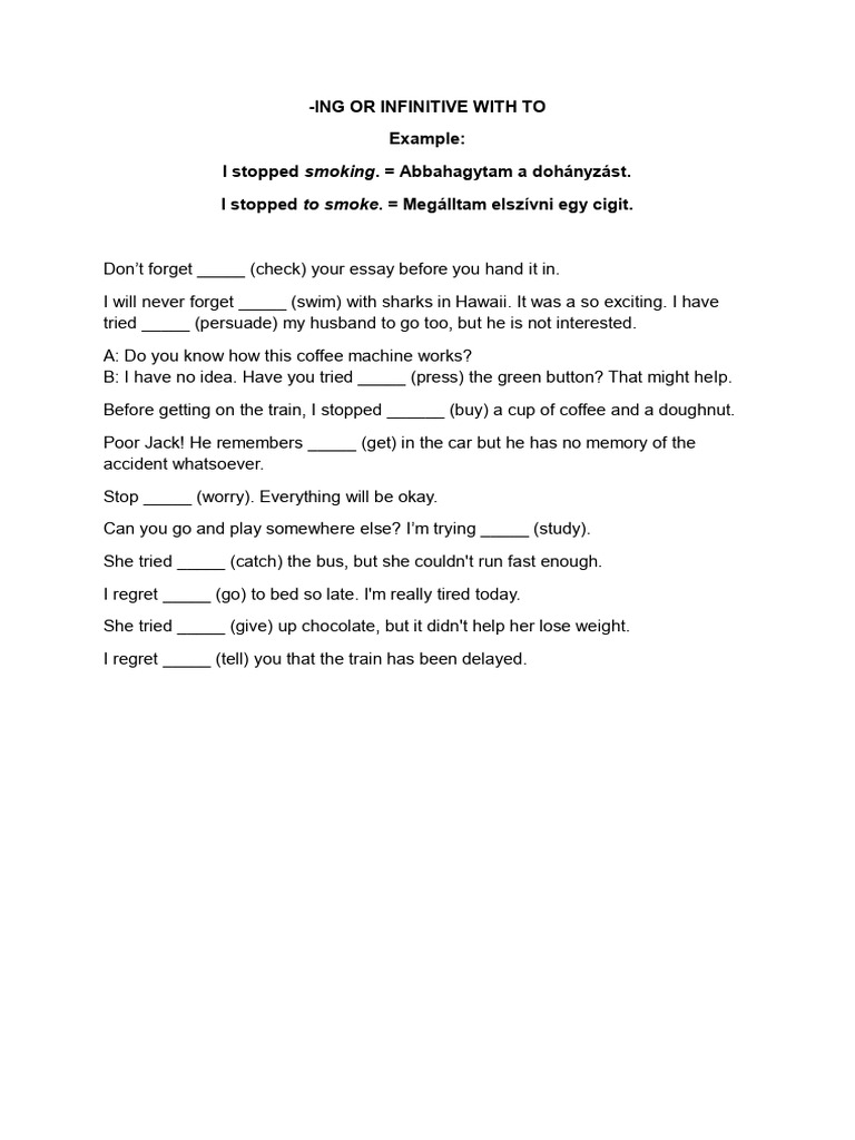 Ing or Infinitive With To Exercise | PDF