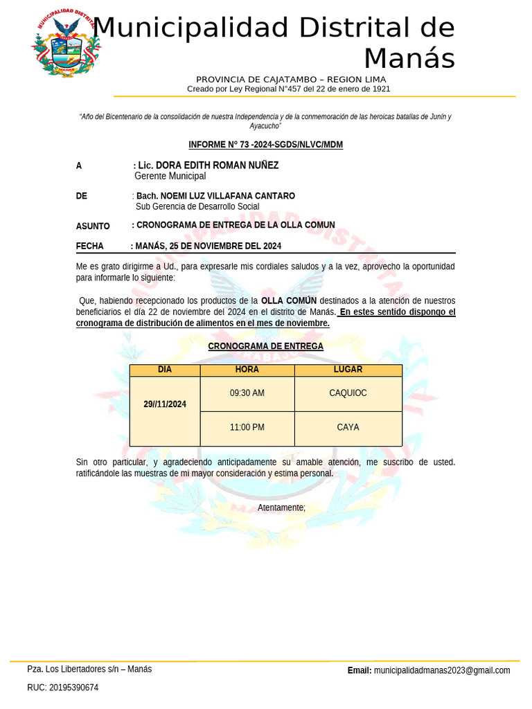 INFORME N° 73 CRONOGRAMA DE ENTREGA DE OLLA COMUN (NOVIEMBRE )[1] | PDF