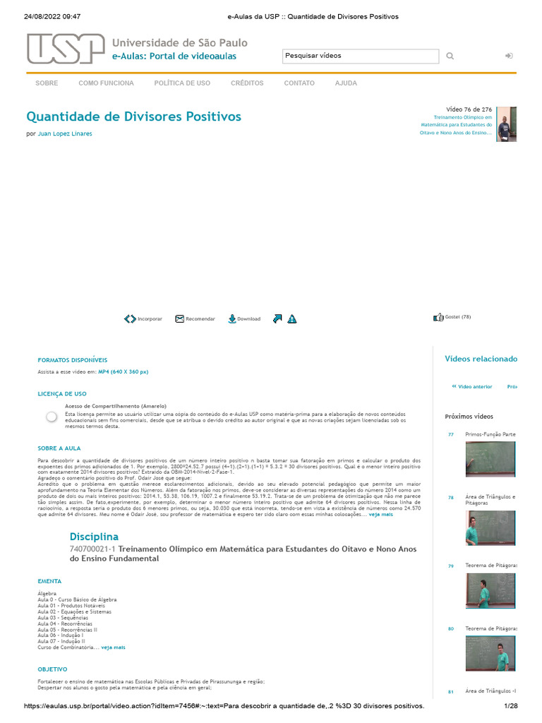e-Aulas da USP __ Quantidade de Divisores Positivos | PDF | Matemática | Triângulo