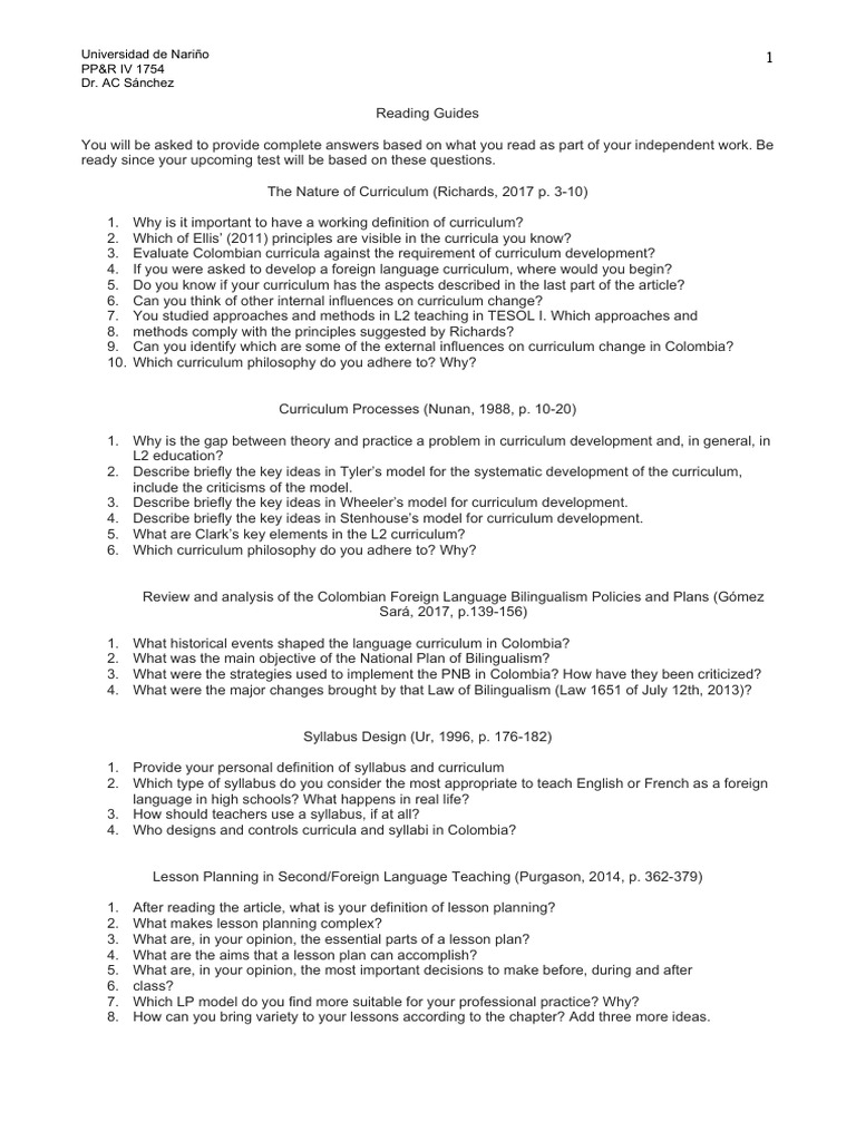 TESOL II 1754 Guiding Questions A2025 | PDF | Curriculum | Cognition