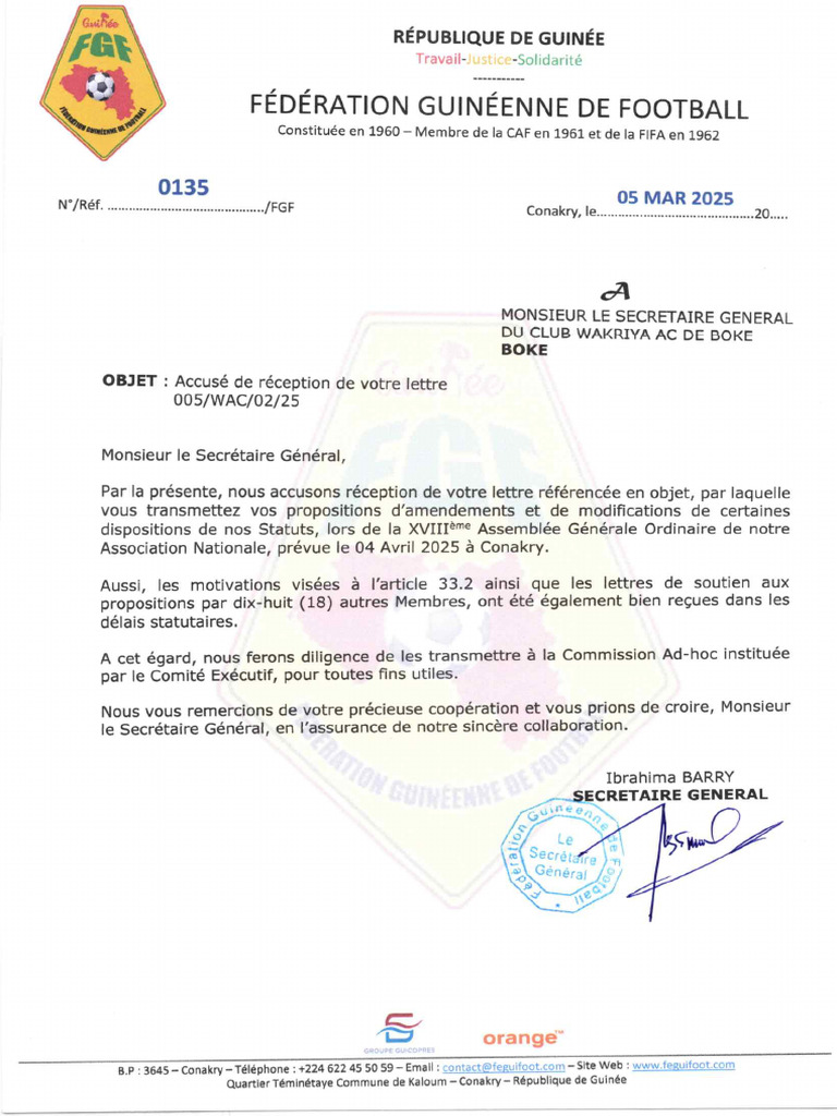 0135-05.03.2025 - Wakriya AC de Boké Accusé de réception de votre lettre 005-WAC-02-25 | PDF