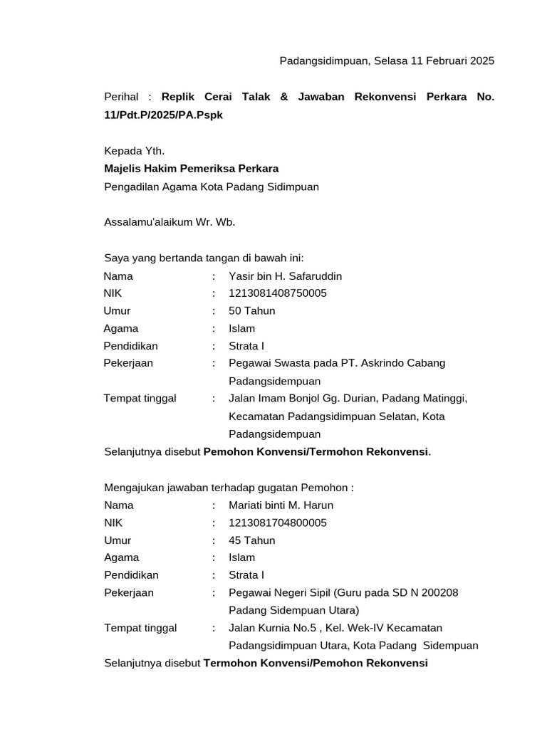 Replik Cerai Talak dan Jawaban Rekonvensi | PDF