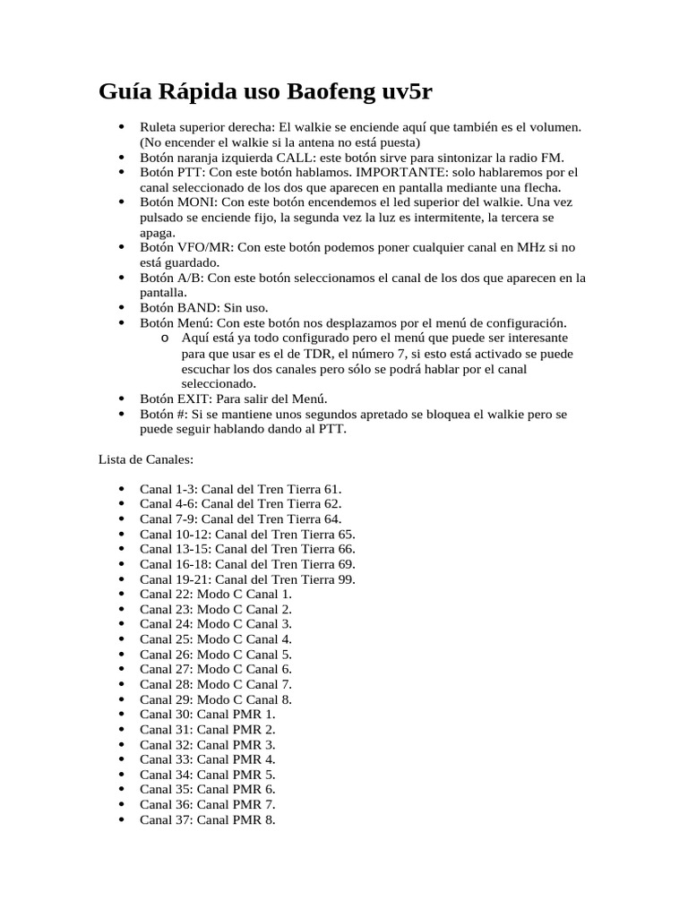Guía Rápida Uso Baofeng Uv5r | PDF