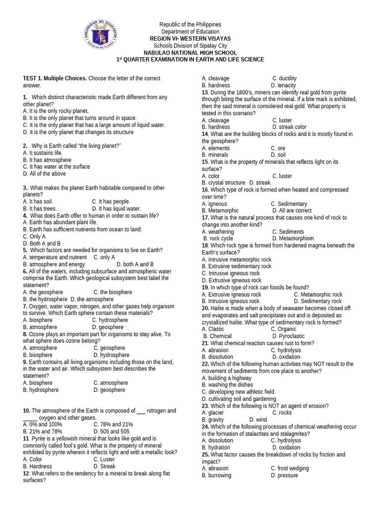 1ST Quarter Exam in Earth and Life 2023 | PDF | Rock (Geology) | Plate ...