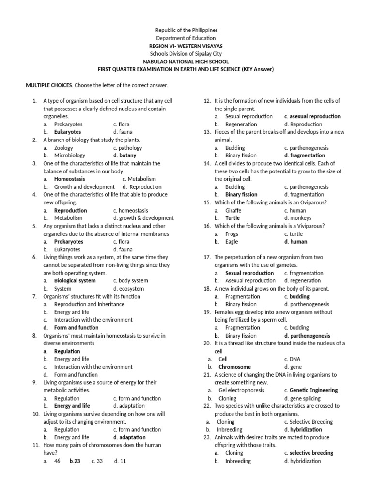 Earth and Life Science Exam Key Answers | PDF | Human Body ...
