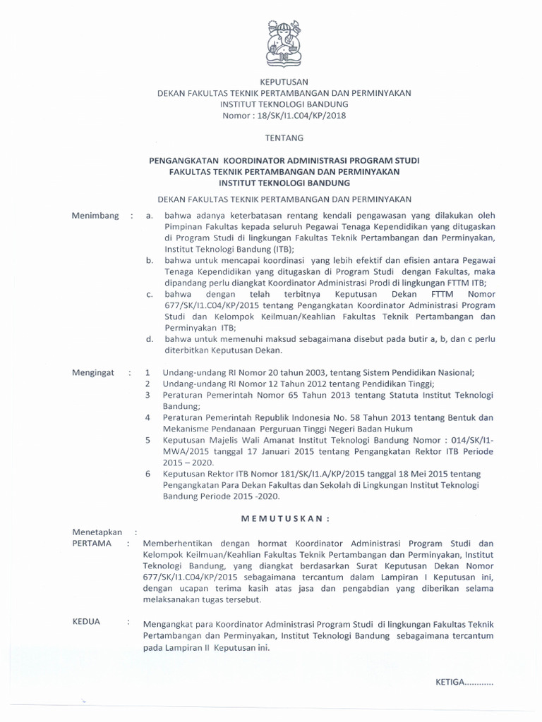 0018 SK Dekan FTTM ITB Tentang Koordinator Admin Prodi | PDF