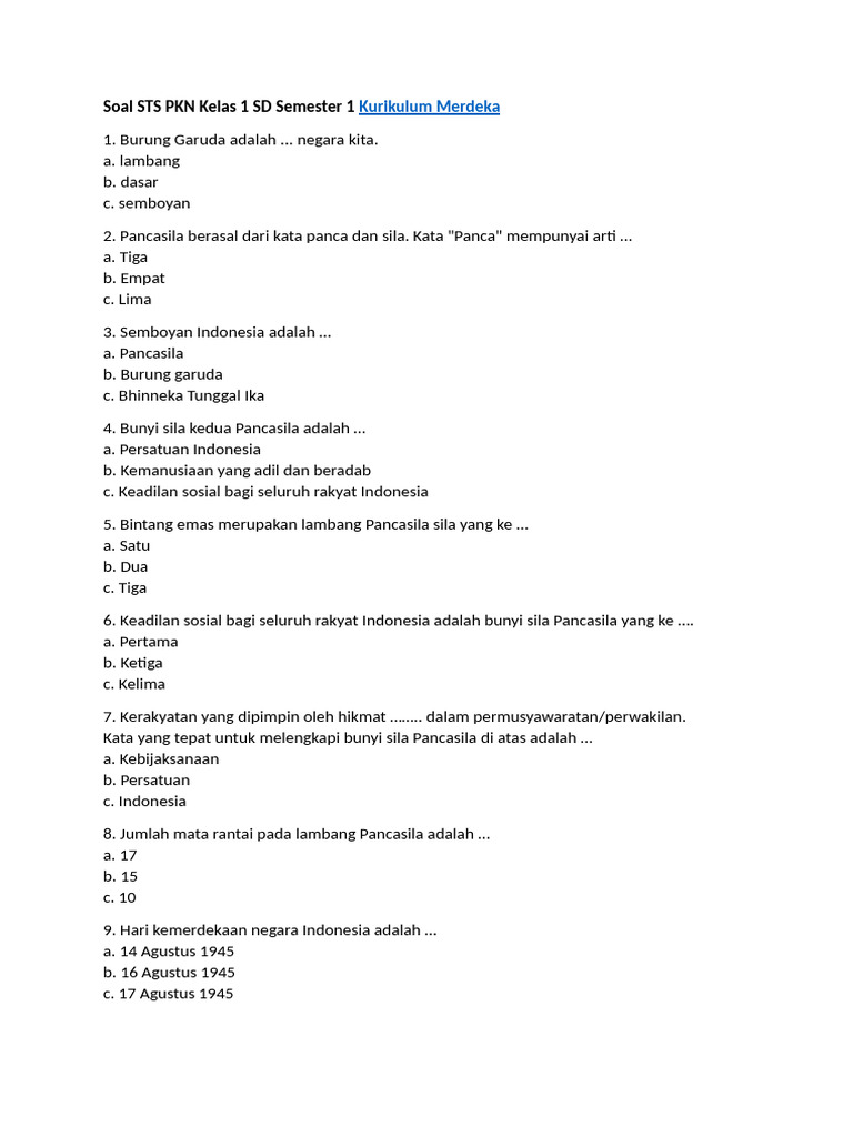 Soal STS PKN Kelas 1 SD Semester 1 Kurikulum Merdeka PRINT | PDF