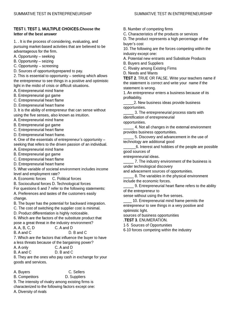 Entrepreneurship Summative Test Questions | PDF | Entrepreneurship ...
