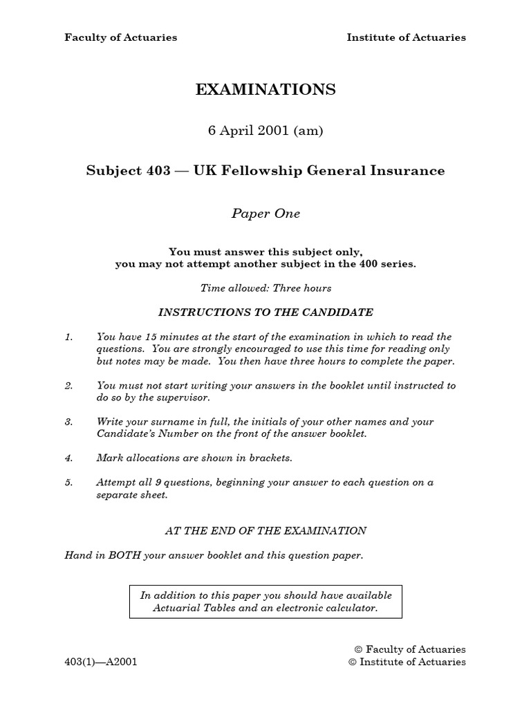 FandI Subj403-1 200104 Exampaper | PDF | Insurance | Actuary