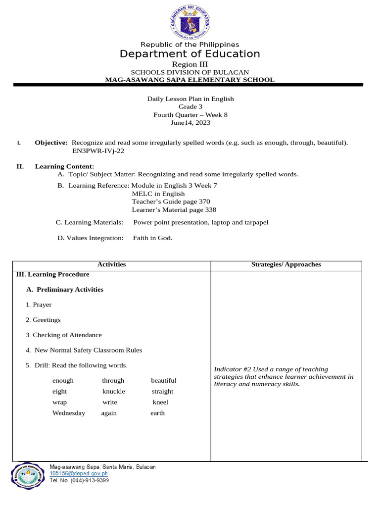 DLP in English 2nd COT-4As-with Reflection | PDF | Learning | Rainbow