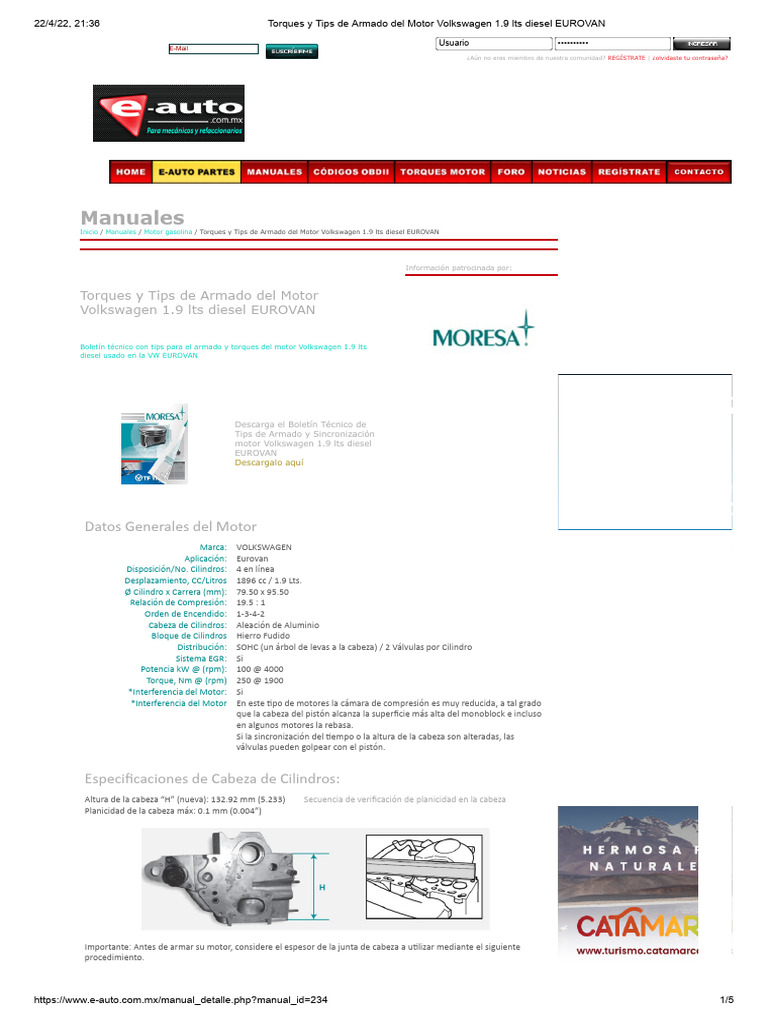 Torques y Tips de Armado Del Motor Volkswagen 1.9 Lts Diesel | PDF ...