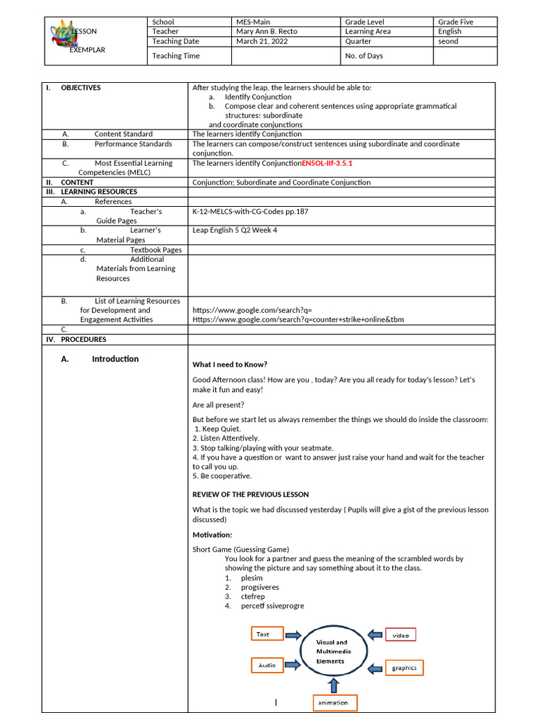 Grade 5 English: Conjunctions Lesson Plan | PDF | Multimedia | Video