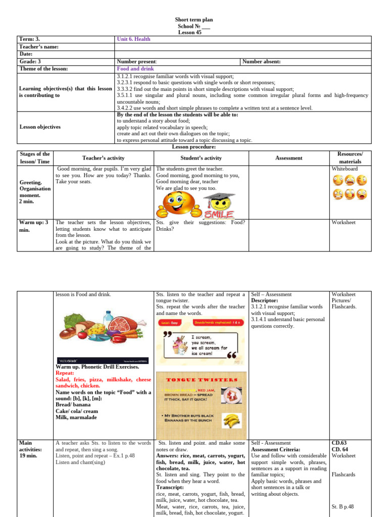 Grade 3 Lesson Plan: Food & Drink | PDF | Noun | Yogurt