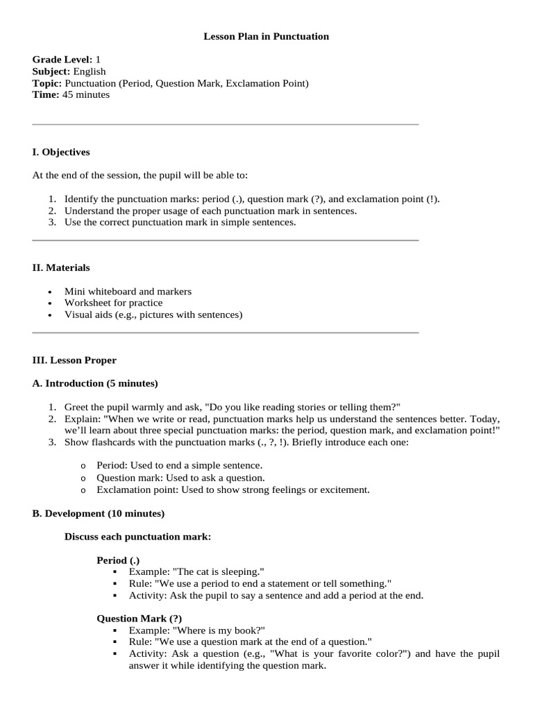 Lesson Plan in Punctuation | PDF | Punctuation | Lesson Plan