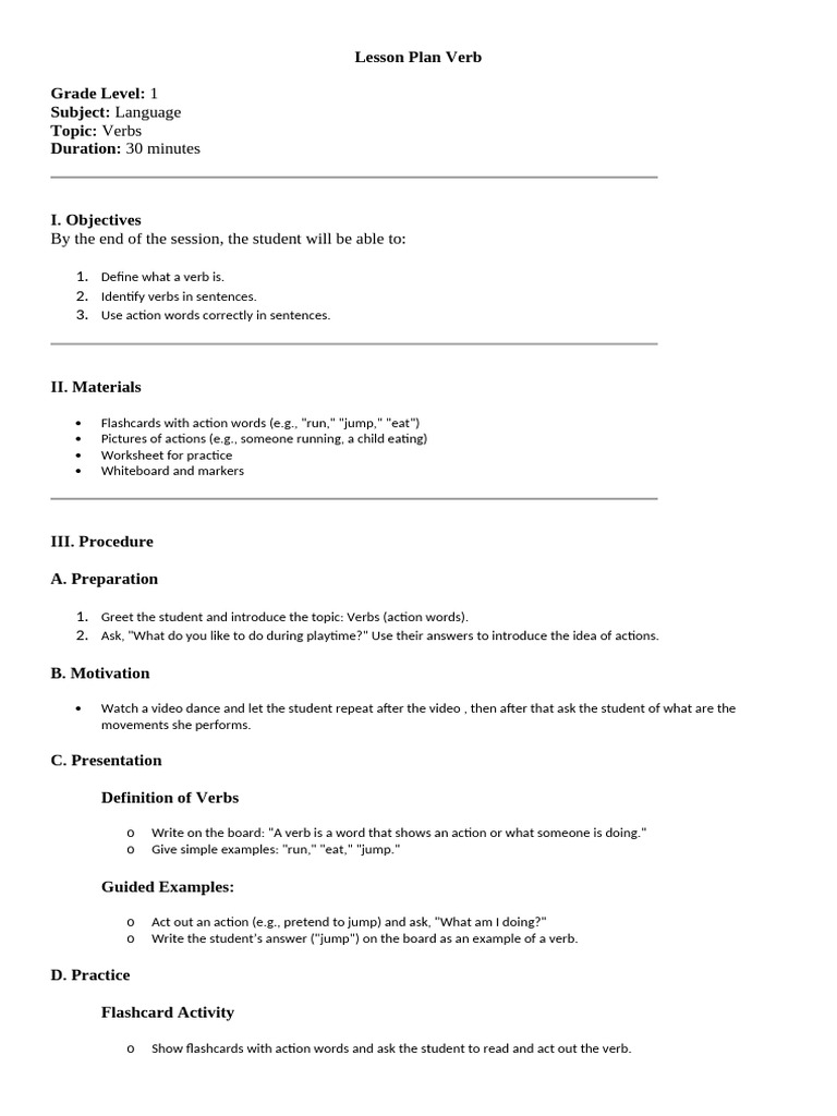 Lesson Plan Verb, Adjective, Pronoun | PDF | Adjective | Verb