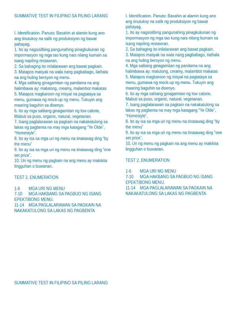 Summative Test in Filipino Sa Piling Larang Menu | PDF