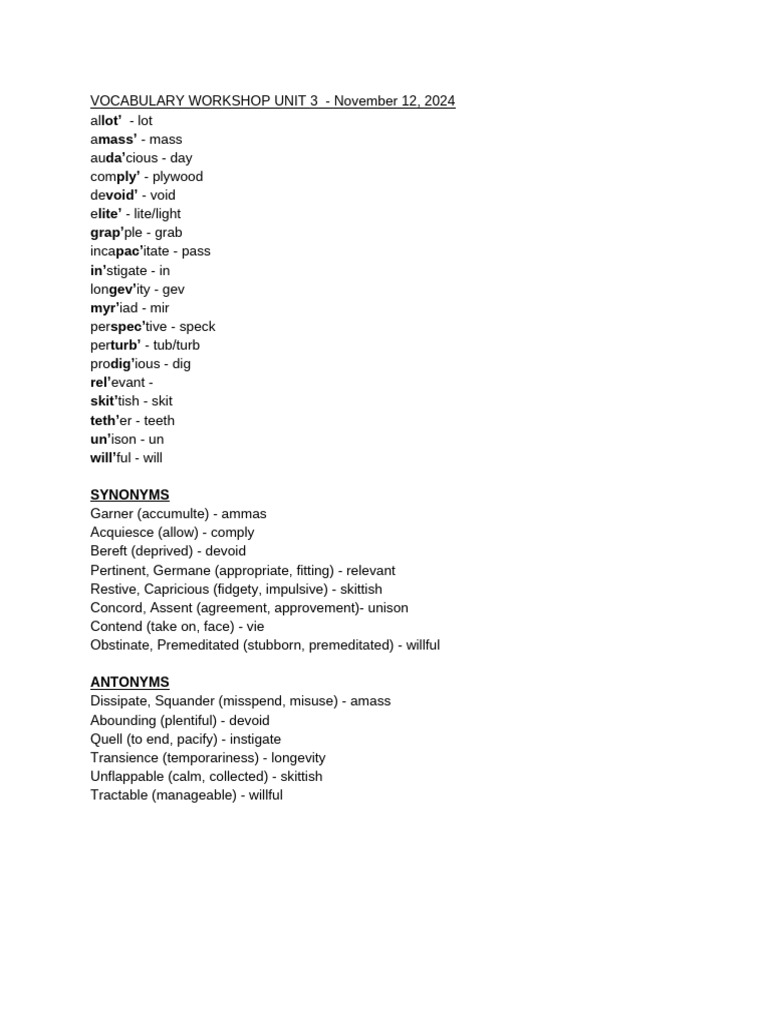Vocab Unit 3 | PDF
