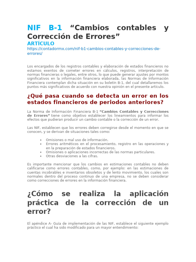 NIF B-1. Cambios contables y corrección de errores. ARTÍCULO | PDF | Depreciación | Contabilidad