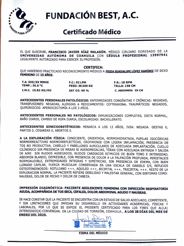 Certificado médico_FRIDA GUADALUPE LOPEZ RAMIREZ | PDF | Especialidades Medicas | Enfermedades y ...