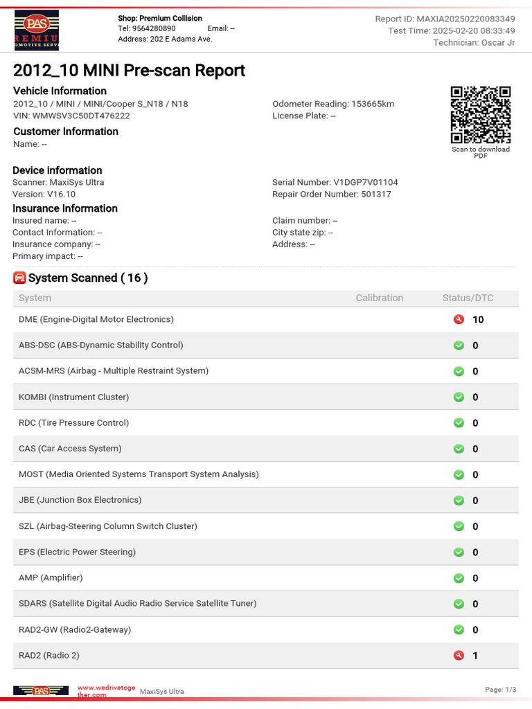 2012 - 10 MINI Pre-Scan Report - WMWSV3C50DT476222 - 20250220083349 ...