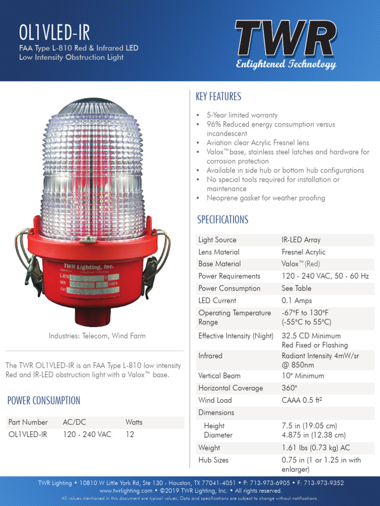 TWR OL1VLED IR L 810 Low Intensity Red IR LED Obstruction Light 012819 ...