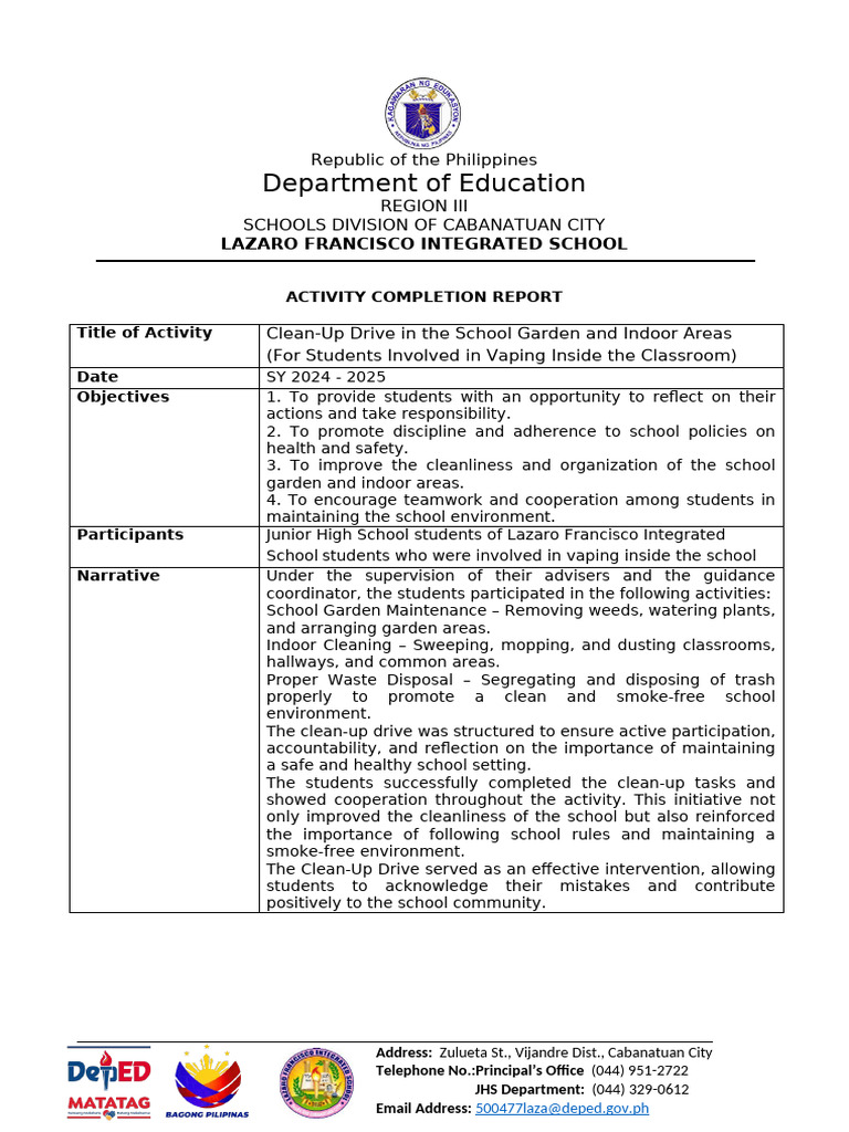 School Clean-Up Drive Report 2024 | PDF