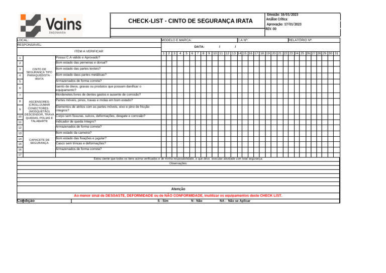 Check List - Cinto de Seggurança IRATA - 2023 - REV00 | PDF