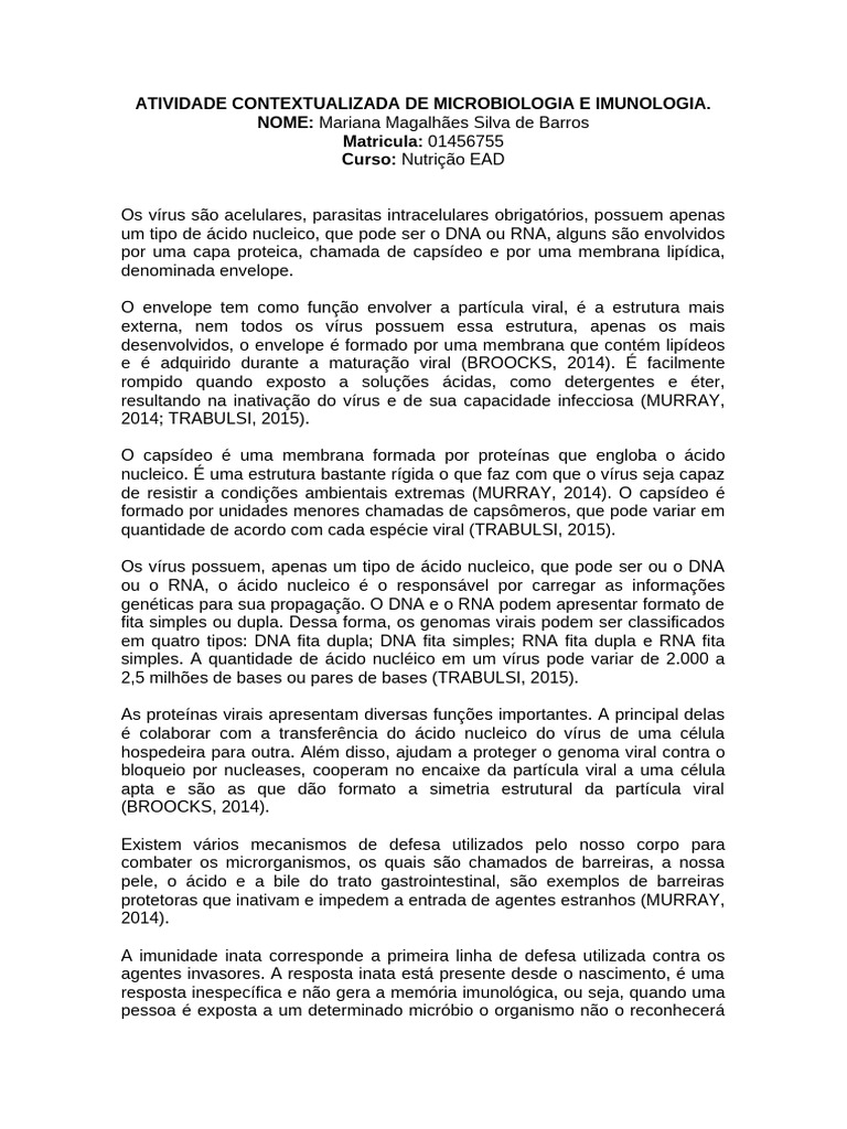 ATIVIDADE CONTEXTUALIZADA DE MICROBIOLOGIA E IMUNOLOGIA | PDF | Vírus | Sistema imunológico