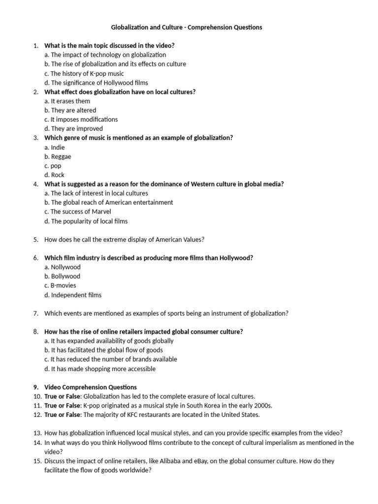 Globalization and Culture Comprehension Questions | PDF