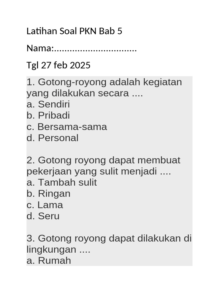 Latihan Soal PKN Bab 5 Kamis | PDF