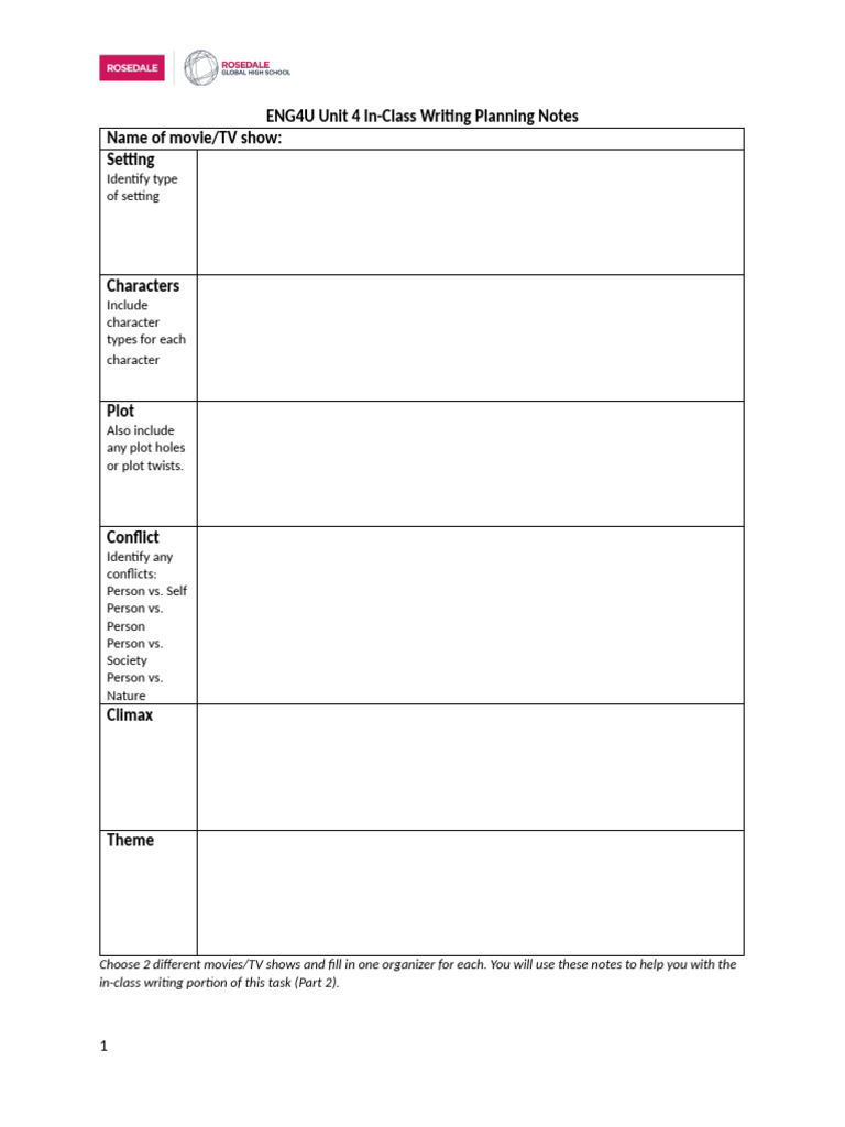 ENG4U in Class Writing Unit 4 Organizer Template | PDF