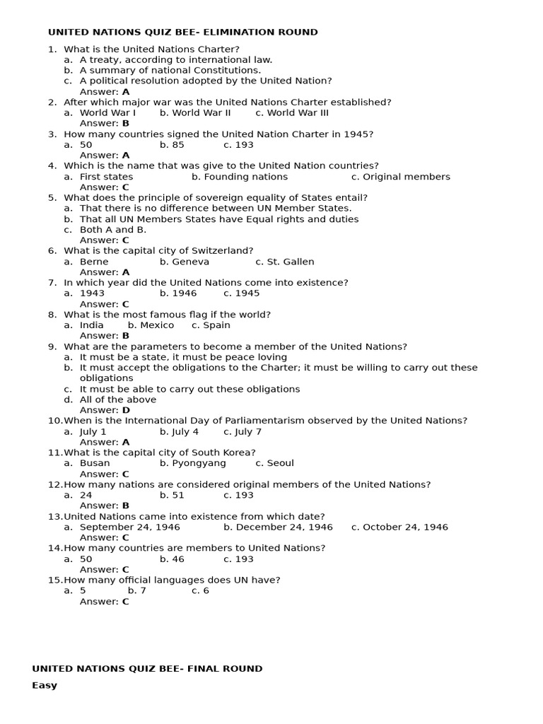 United Nations Quiz Bee | PDF | United Nations | International Relations