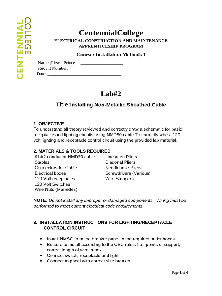 2 Non-Metallic Sheathed Cable Lab | PDF | Electrical Wiring ...