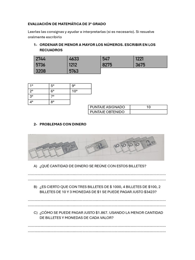 Evaluación de Matemáticas 3° Grado | PDF | Billete de banco | Moneda