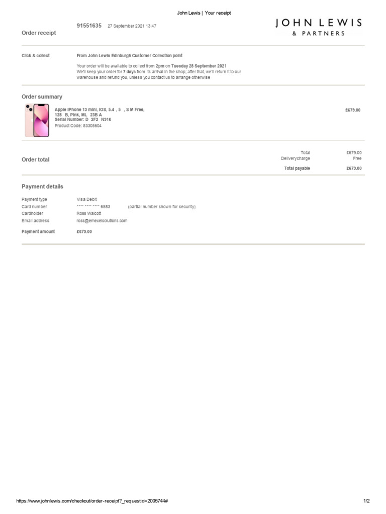 Your John Lewis Receipt N. 91551635 | PDF | Receipt | Payments